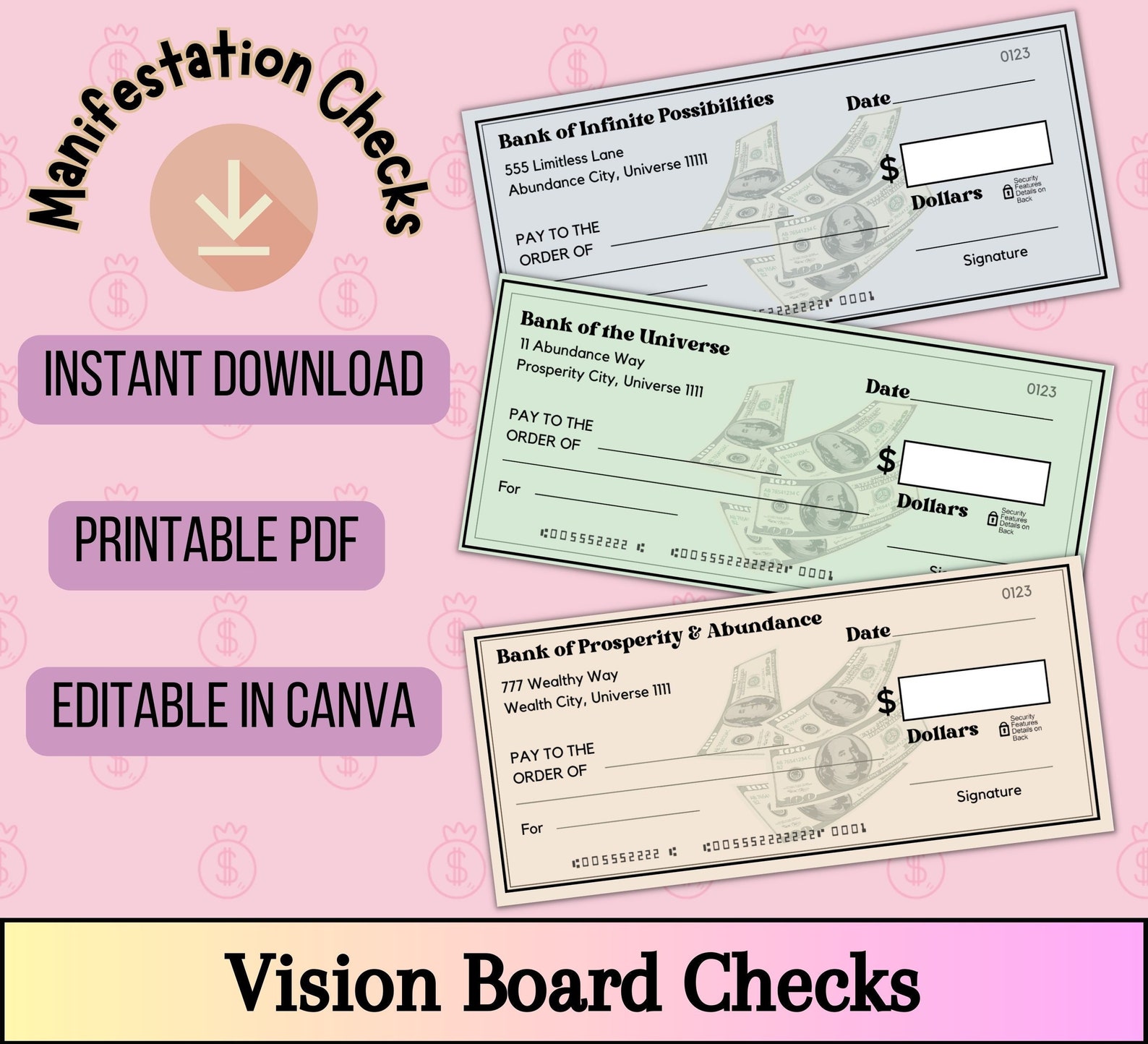 Editable Manifestation Checks, Vision Board Checks, Law of Attraction ...