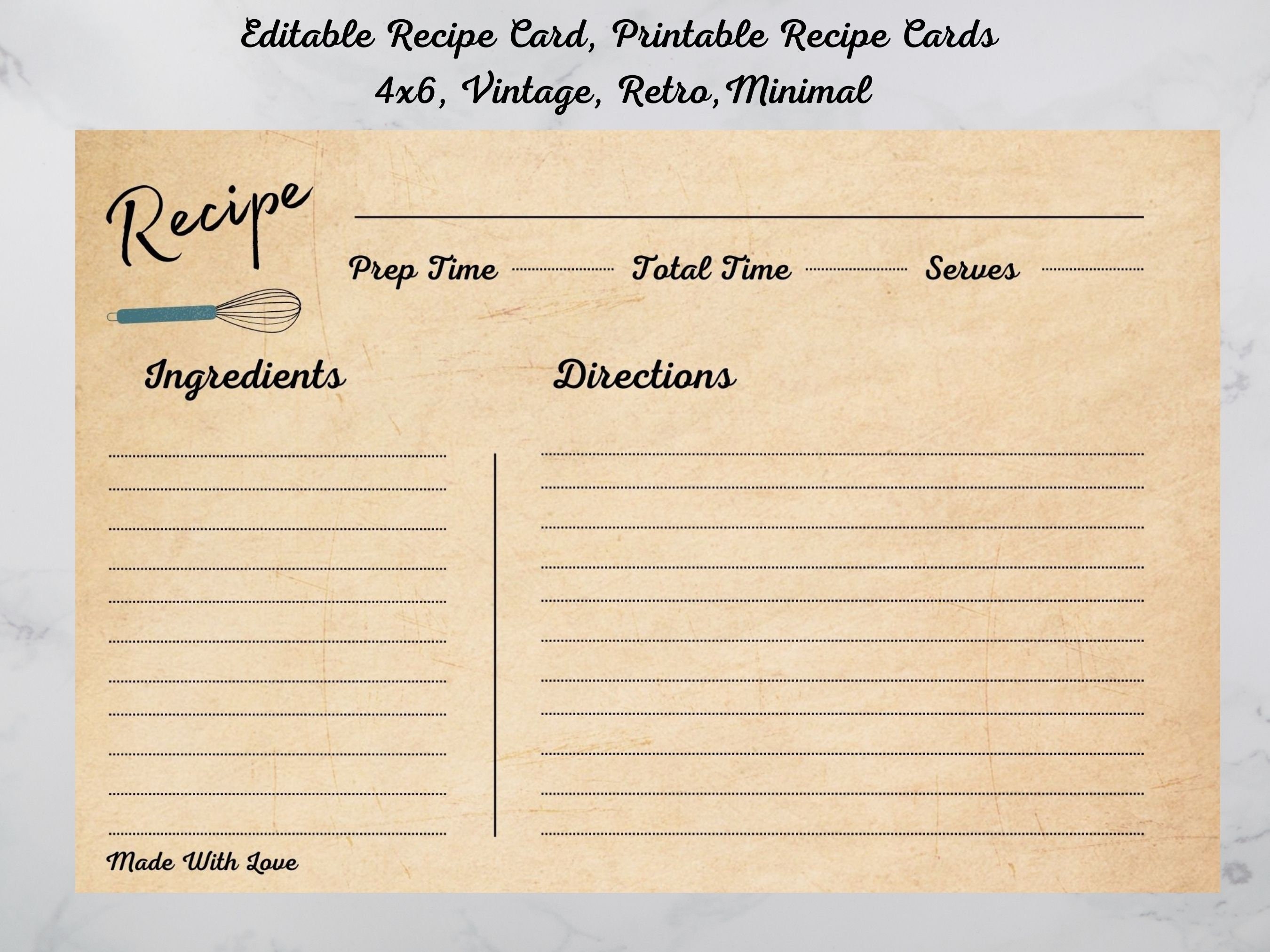 Editable Recipe Card, Printable Recipe Cards 4x6, Vintage and White ...
