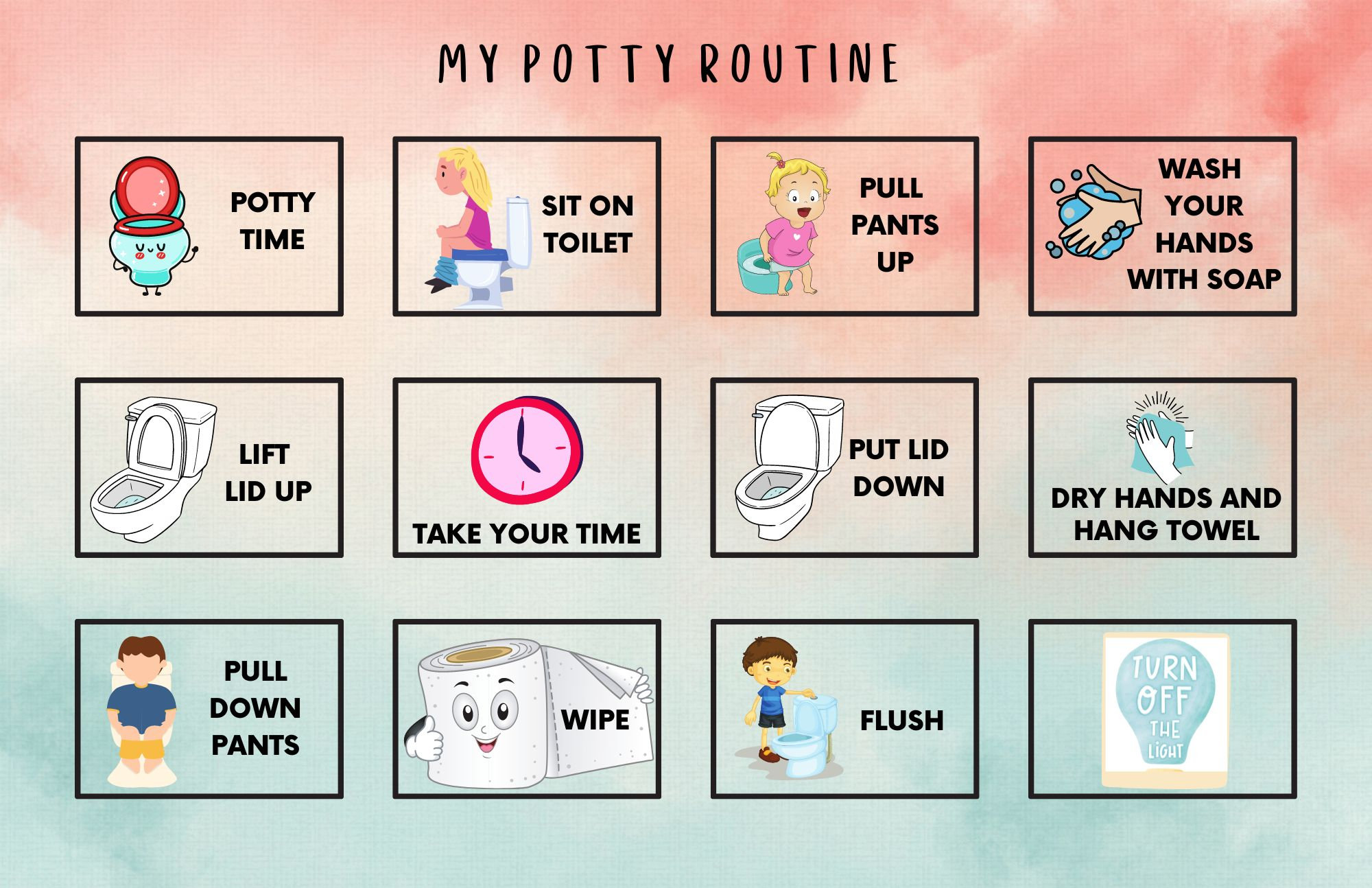 Potty Chart, Bathroom Routine Chart, Habit Training Printable, Kids ...