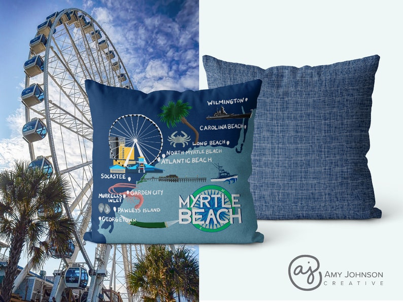 Myrtle Beach SC Coastal Map Illustration 18x18 Pillow Cover South ...