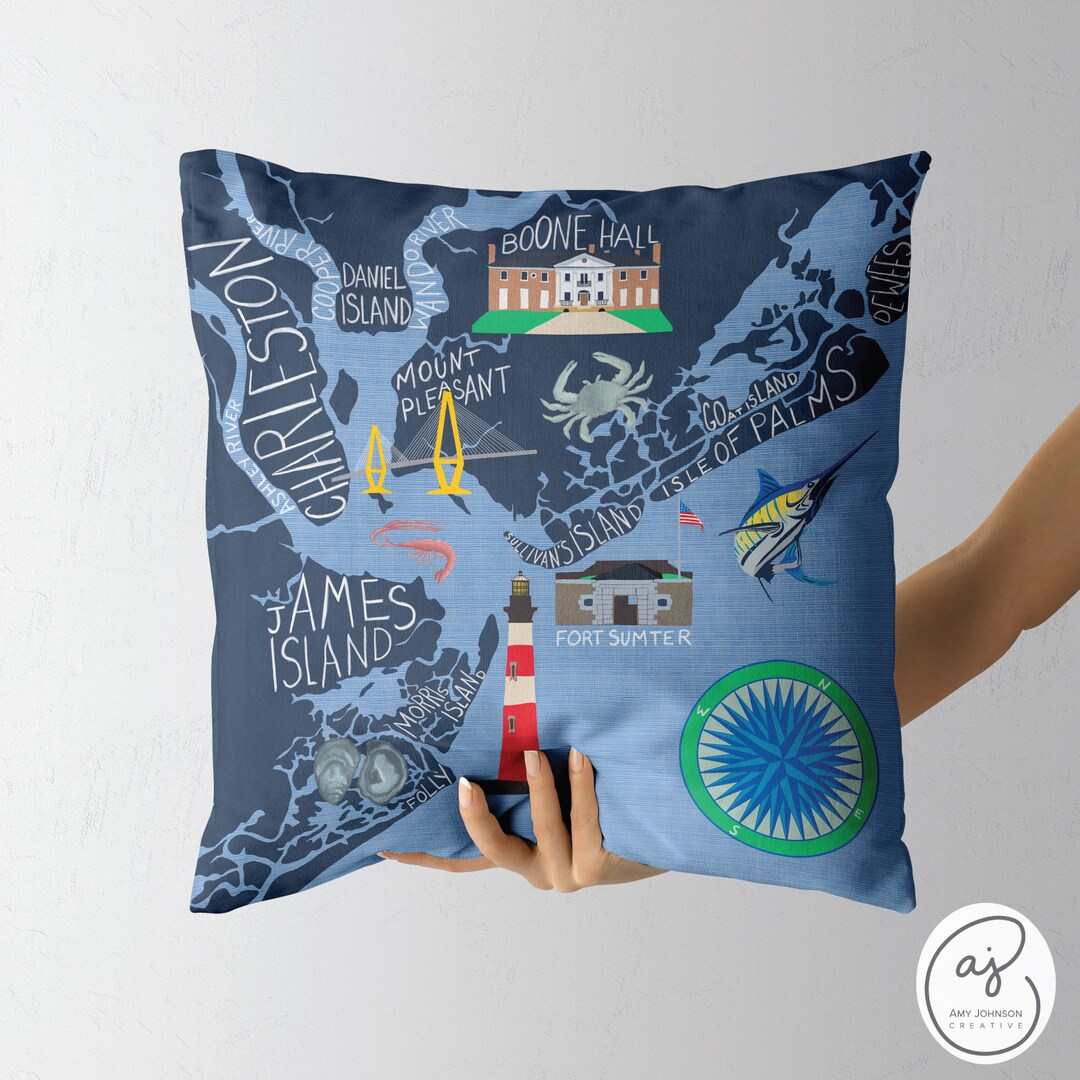 Charleston SC Illustrated Map Pillow Cover Size 18x18 South Carolina ...