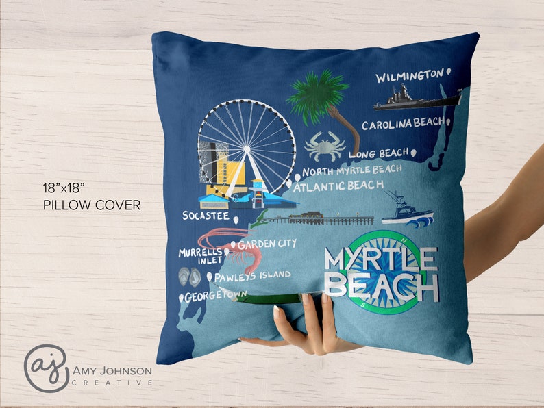 Myrtle Beach SC Coastal Map Illustration 18x18 Pillow Cover South ...