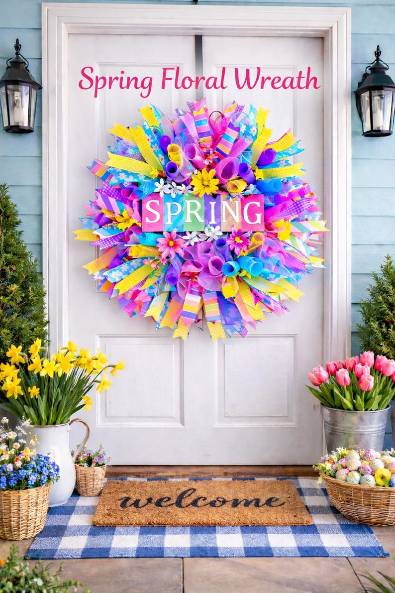 Spring Floral Wreath for Front Door | Easter Egg Wreath | Pastel Spring ...
