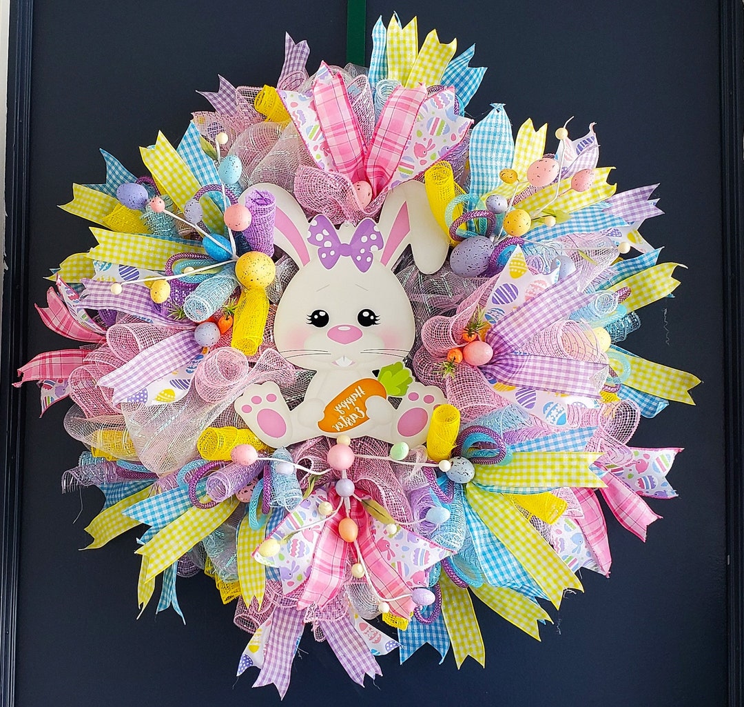 Easter Bunny Wreath for Front Door, Easter Wreaths, Bunny Egg Wreath ...