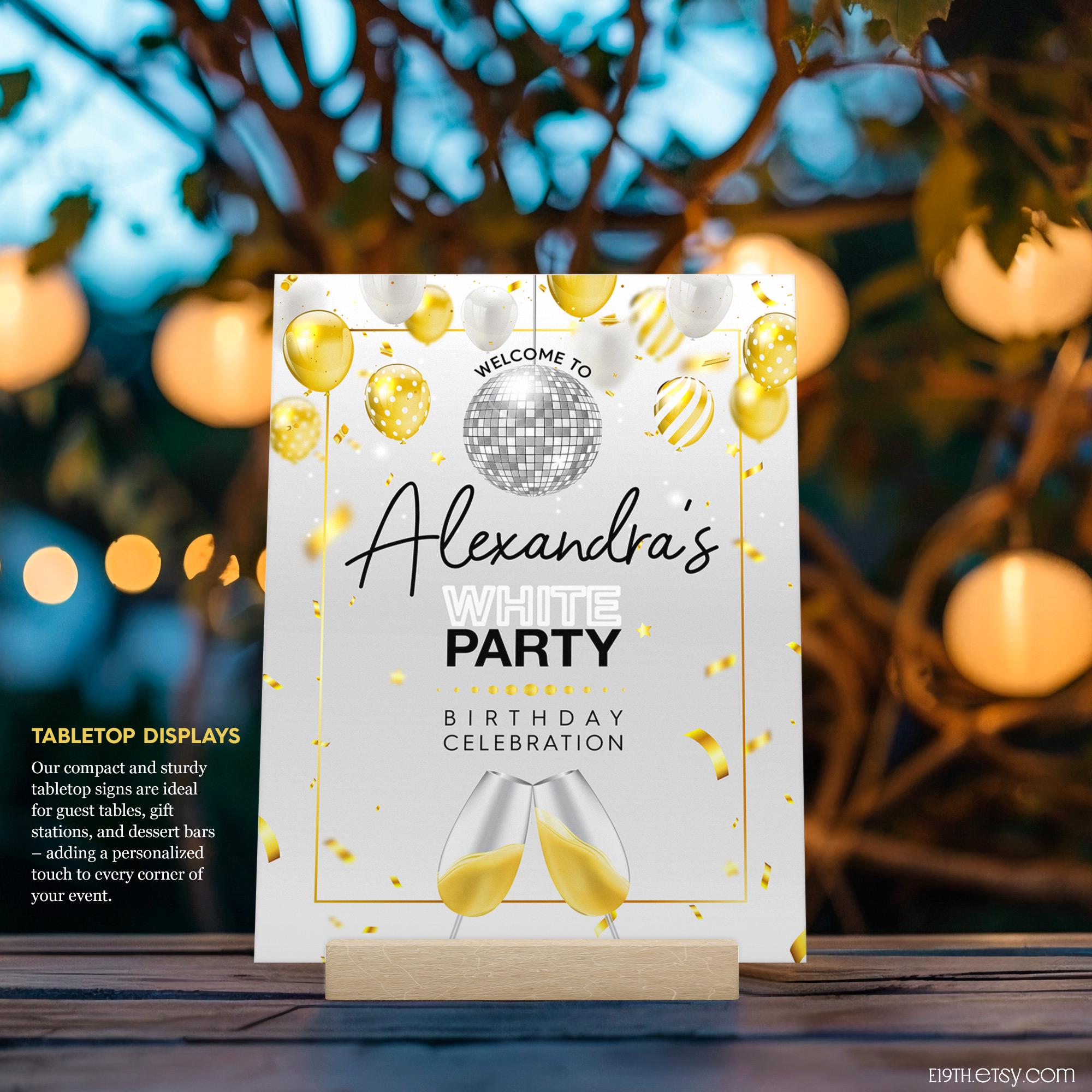Gold & White Party Birthday Sign for Easel, Disco Ball Birthday Party ...