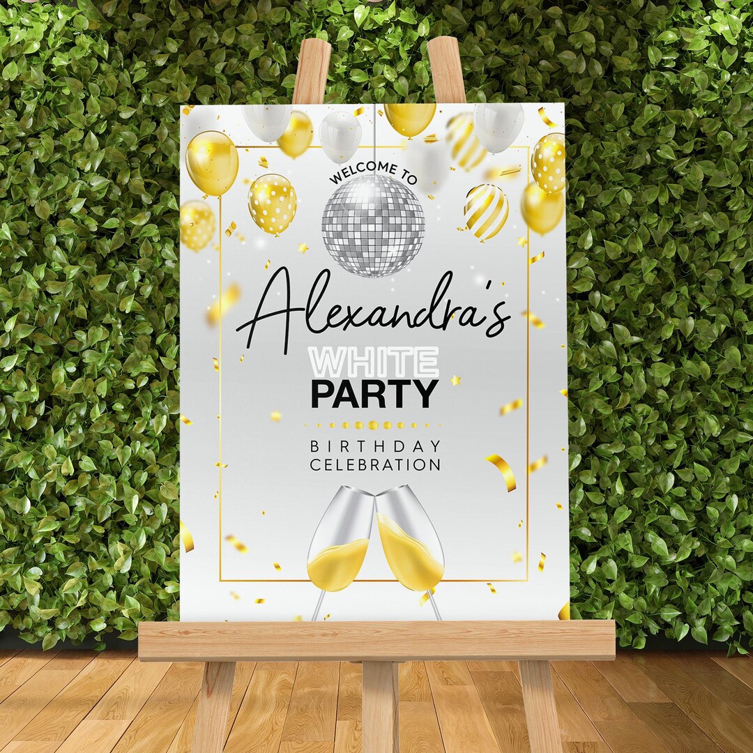 Gold & White Party Birthday Sign for Easel, Disco Ball Birthday Party ...