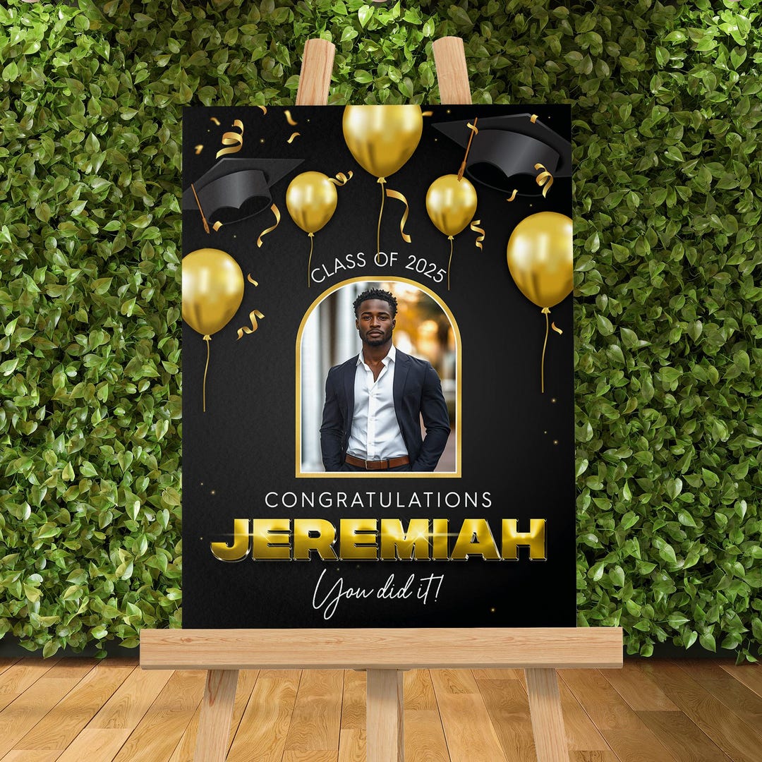 Custom Graduation Party Welcome Sign With Photo, Black & Gold High ...