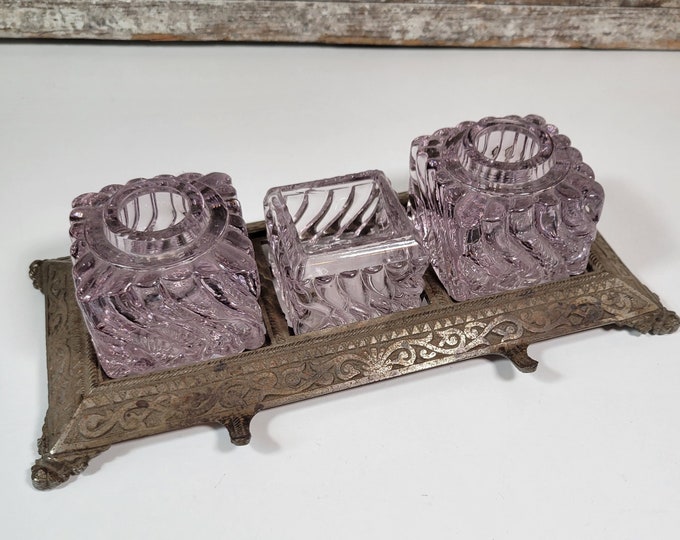Ink Well Set With Caddy, Antique 4 Piece Solarized Glass and Cast Metal ...