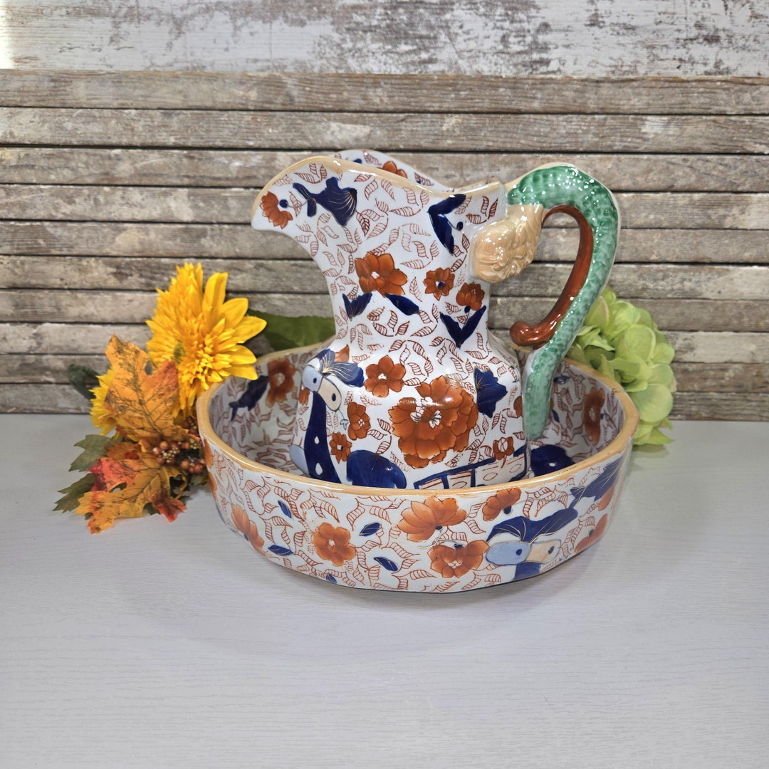 Imari Style, China Ironstone Pitcher and Bowl, Large Vintage Wash Basin ...