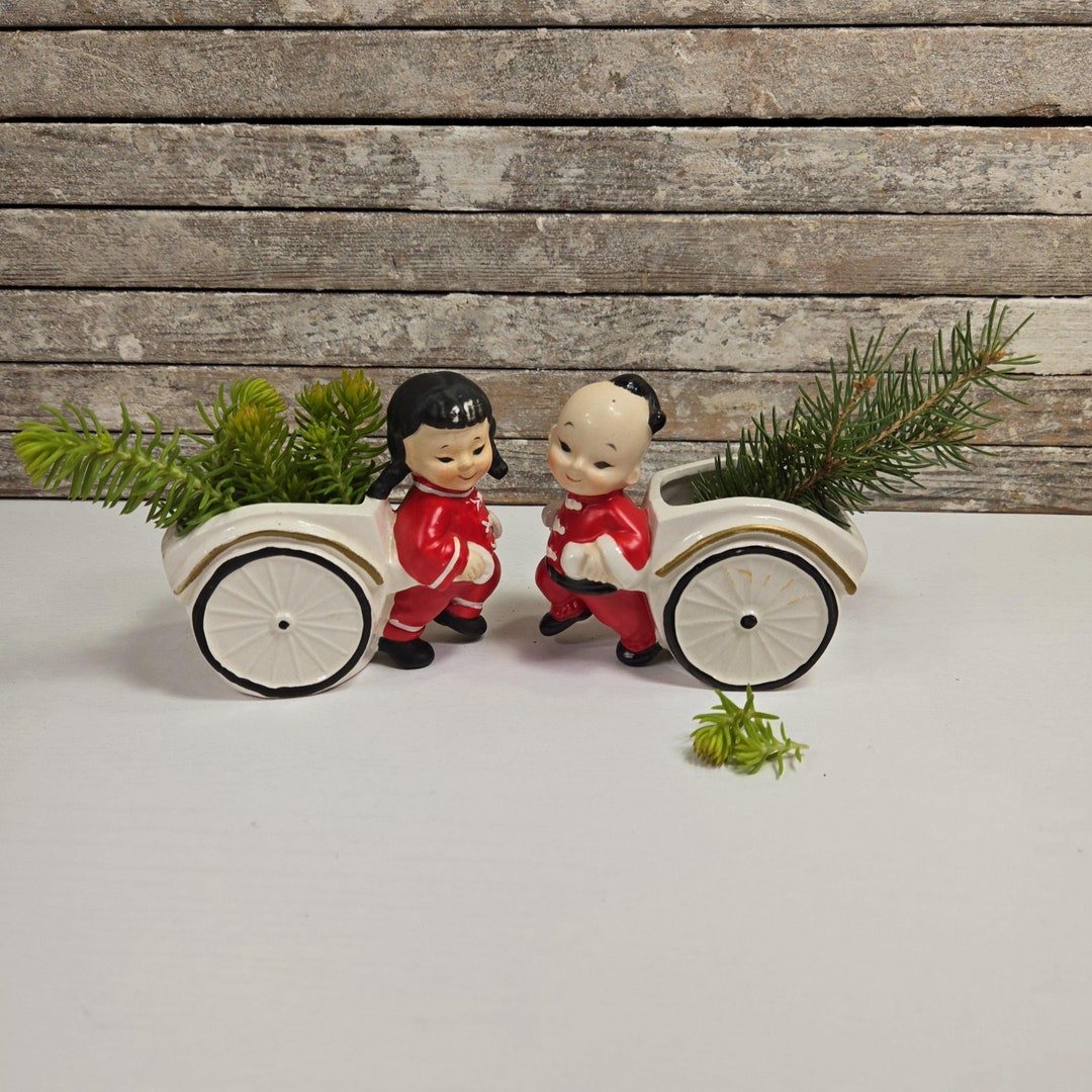 Lefton Girl & Boy Rickshaw Planter Set, Vintage 1940's Pixie Planters ...