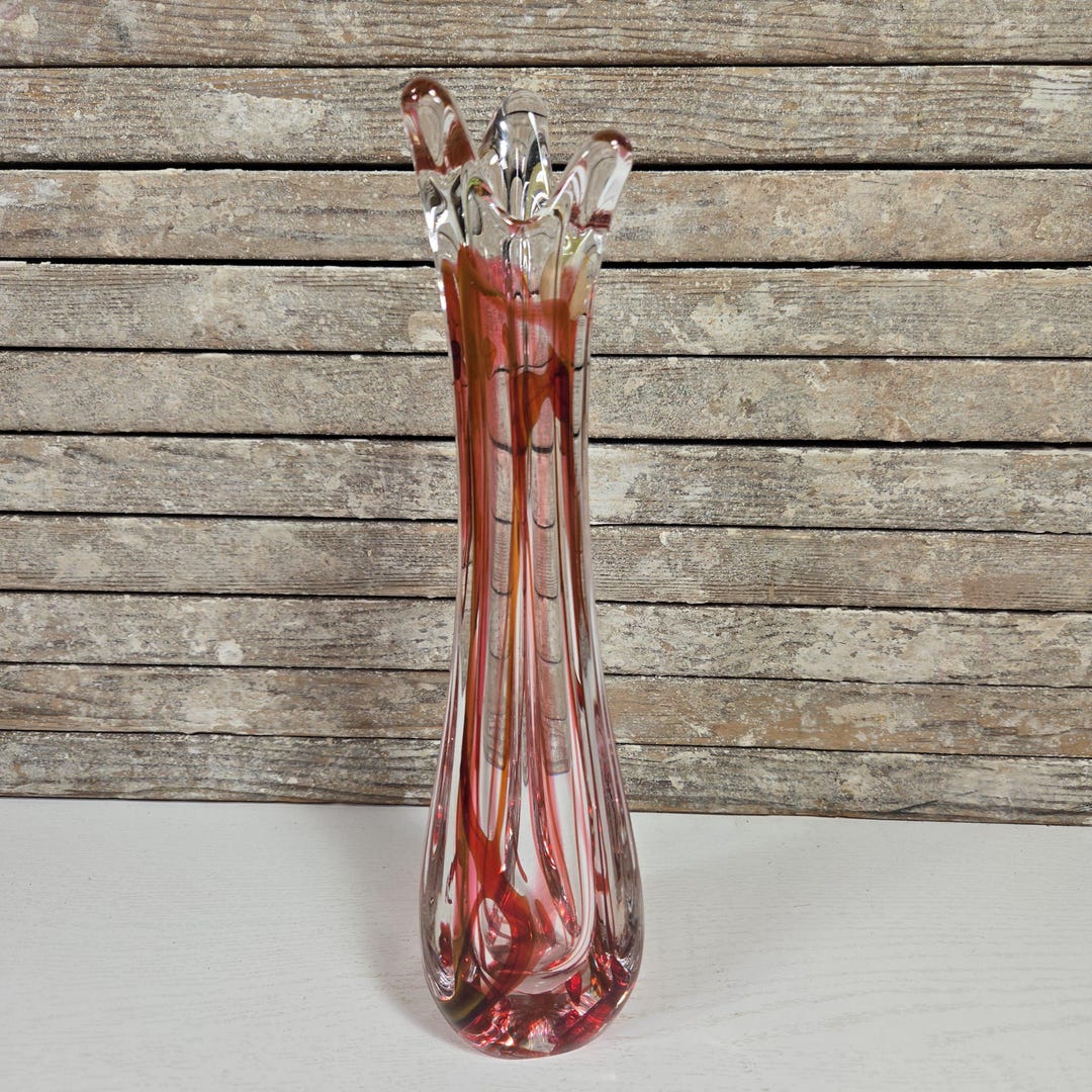 Royal Leerdam Kristalunie Crystal Vase, Holland, MCM Red, Yellow, Clear ...