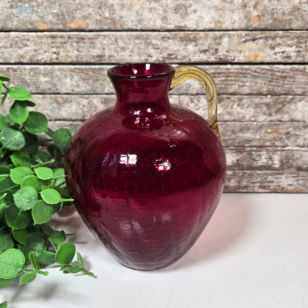 Art Glass, Vintage Ruby Red Amberina Pilgrim Crackle Glass Ewer/pitcher ...