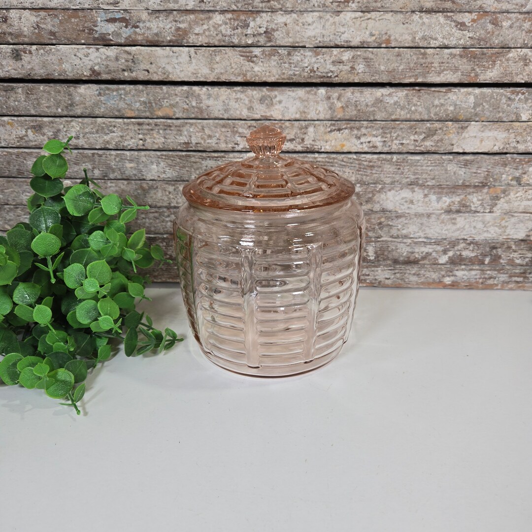 Vintage Biscuit Jar, Anchor Hocking Beehive, Pink Depression Covered ...