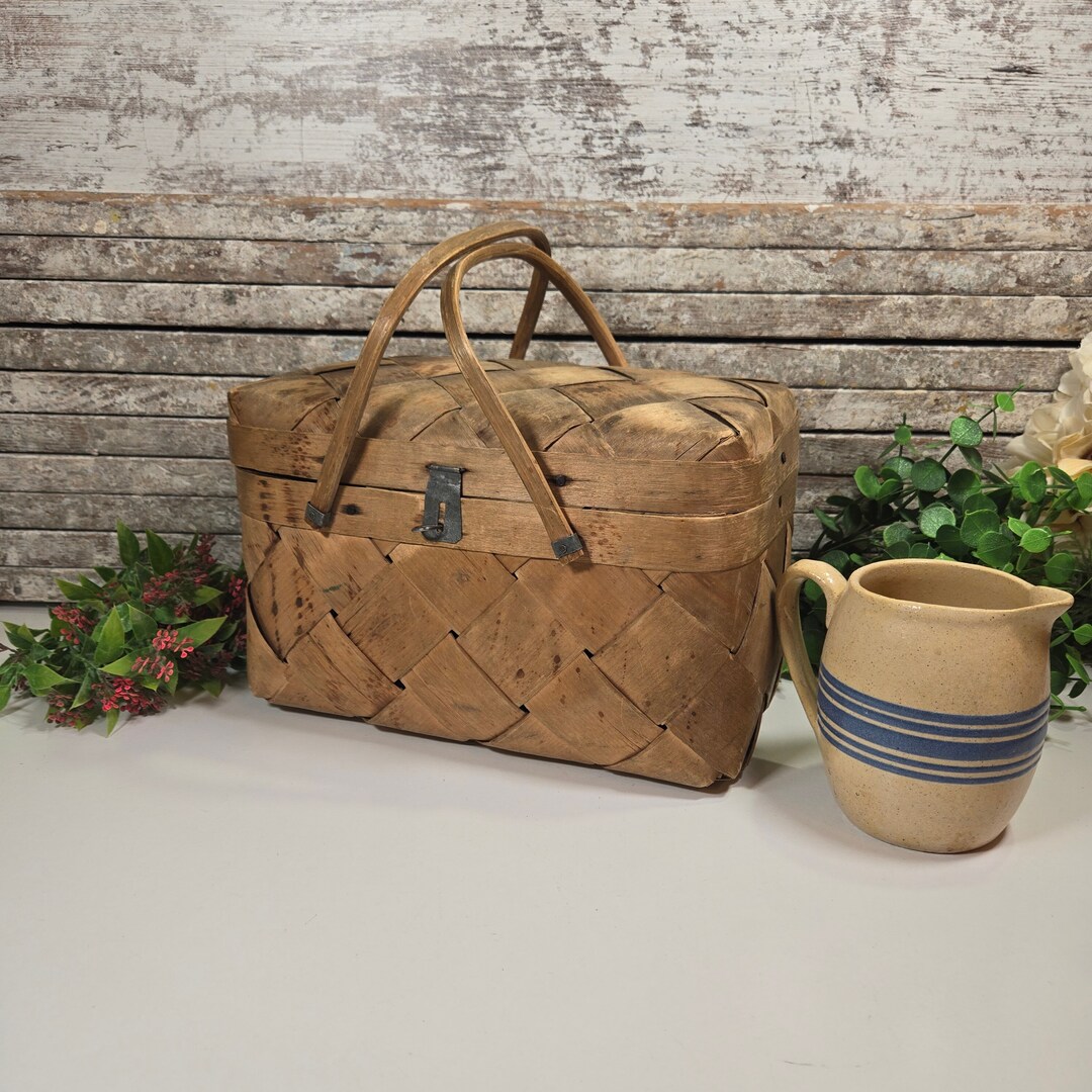 Woven Split Wood Basket, Primitive Bentwood Handles, Small Vintage ...