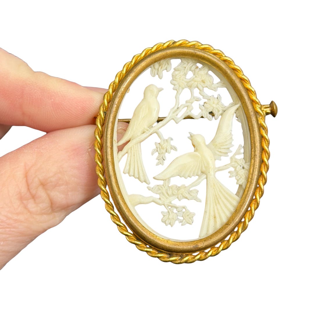 Vintage French Depose Carved Celluloid Bird Brooch - Birds on Branches ...