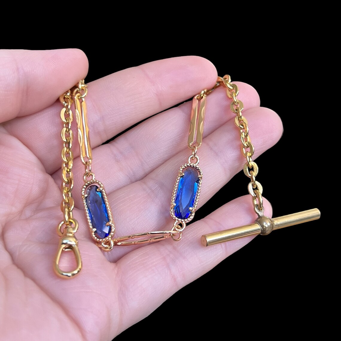 10 Art Deco Sapphire T-bar Pocket Watch Chain. Vintage Gold Watch Chain ...