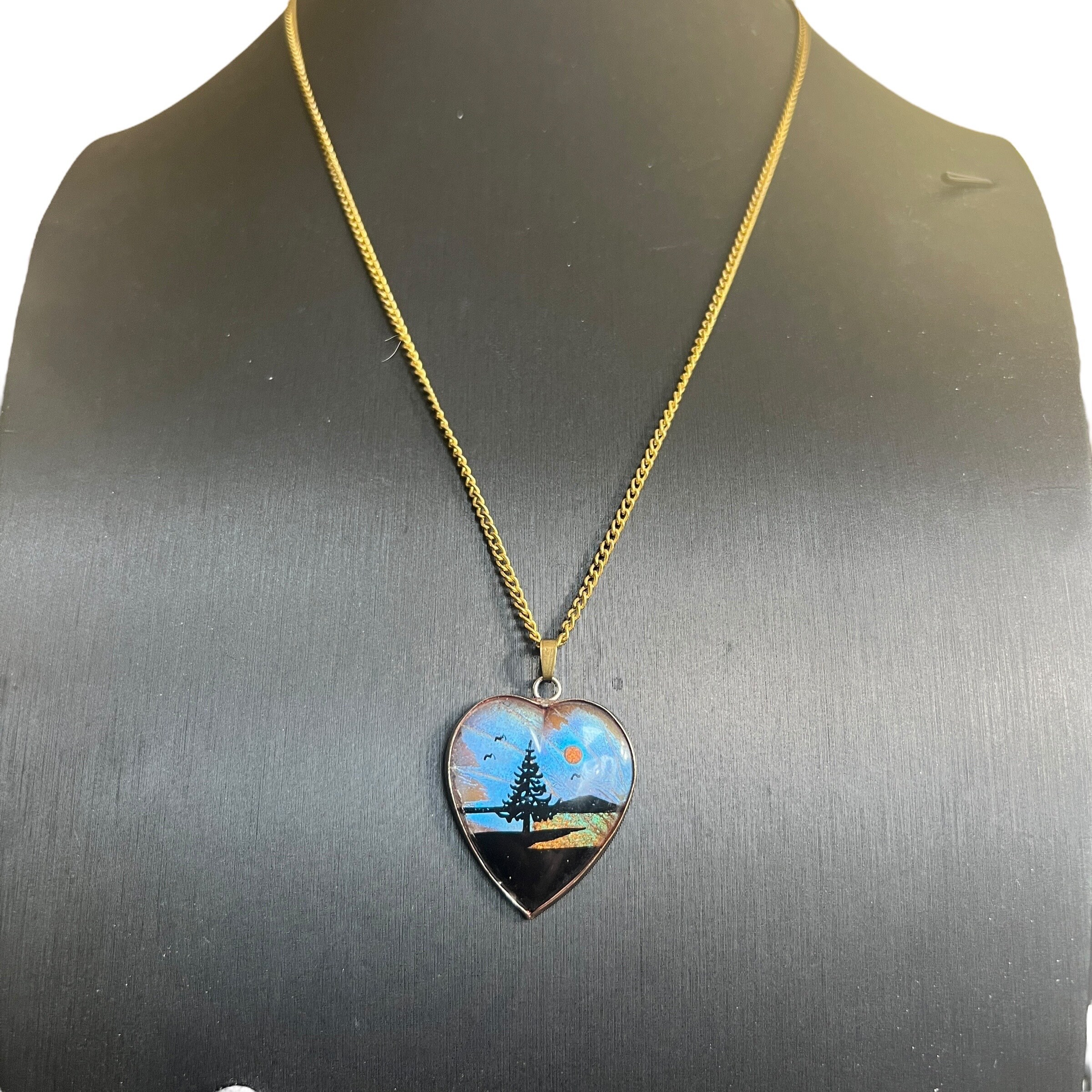 1950s Morpho Butterfly Wing Heart Necklace on Goldtone Chain Painted ...