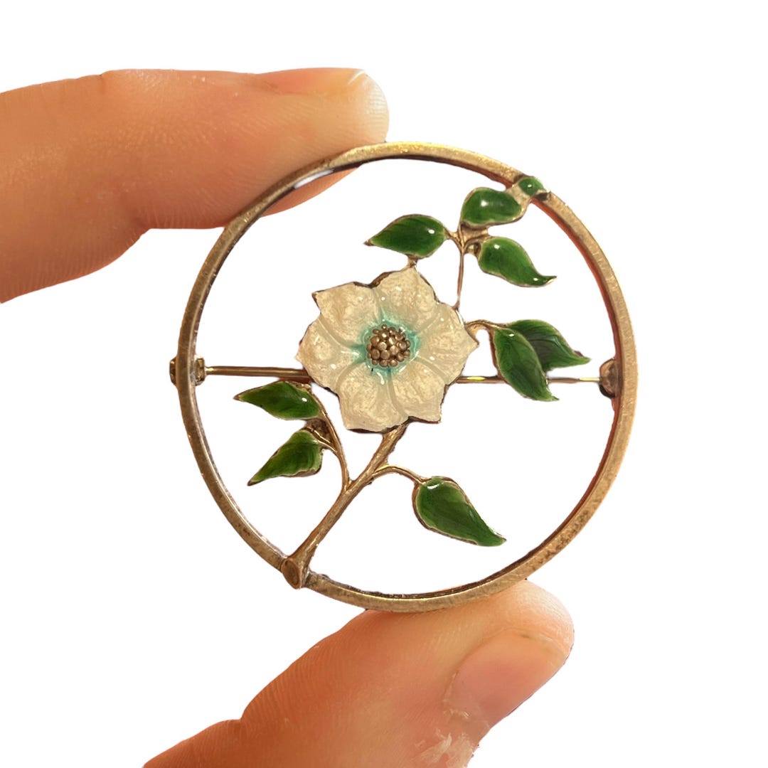 Vintage Sterling Silver Enamel Flower Cut Out Brooch - Round White ...