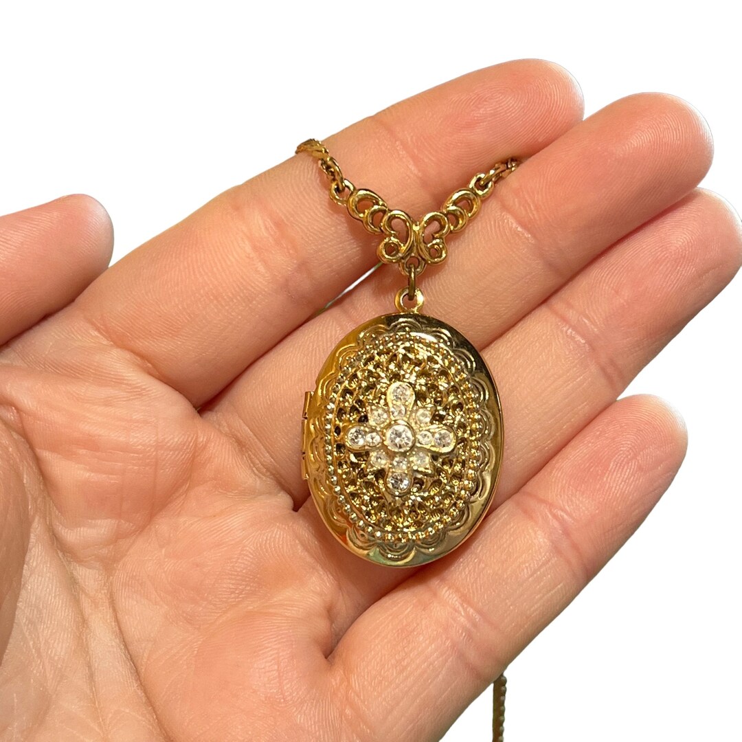 Engraved Gold Locket With Rhinestones - Vintage Oval Locket on Chain ...