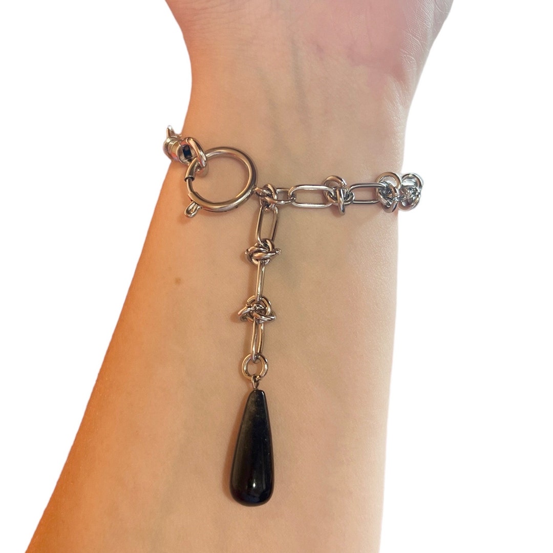 Knotted Stainless Steel Pocket Watch Chain With Black Stone Fob. Barbed ...