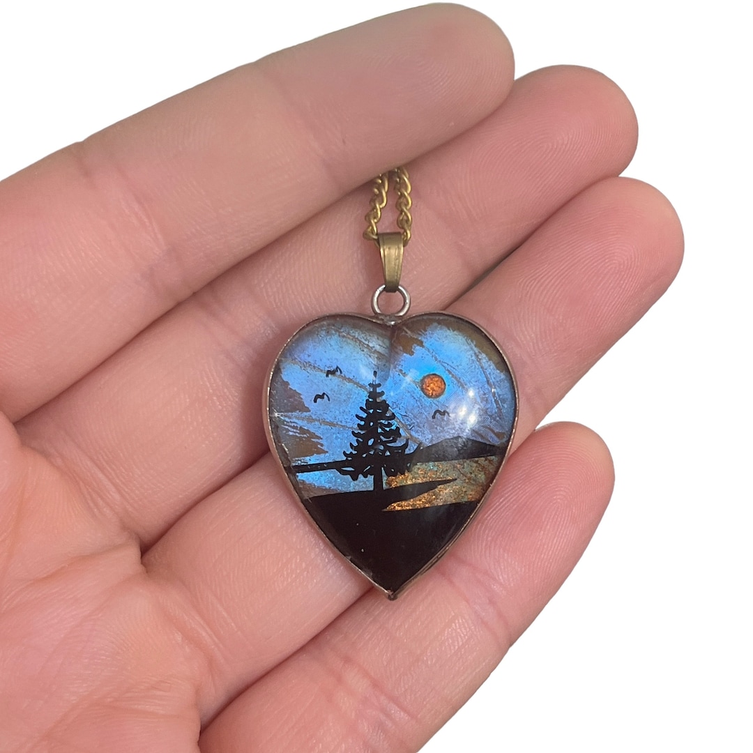 1950’s Morpho Butterfly Wing Heart Necklace on Goldtone Chain - Painted ...