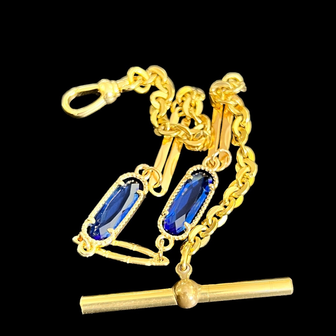 10 Art Deco Sapphire T-bar Pocket Watch Chain. Vintage Gold Watch Chain ...