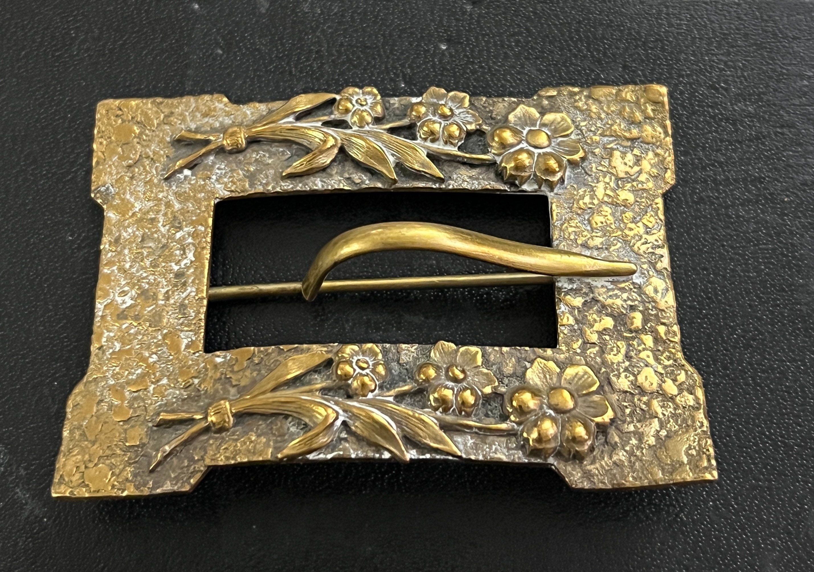 Victorian Brass Buckle Brooch. 1800s Sash Brooch Flowers. Large ...