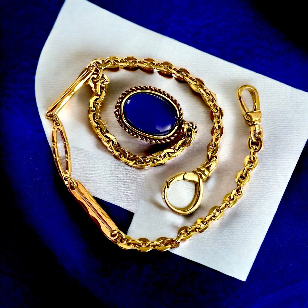 Art Deco Sapphire Watch Chain. Gold Watch Chain With Sapphire Glass Fob ...