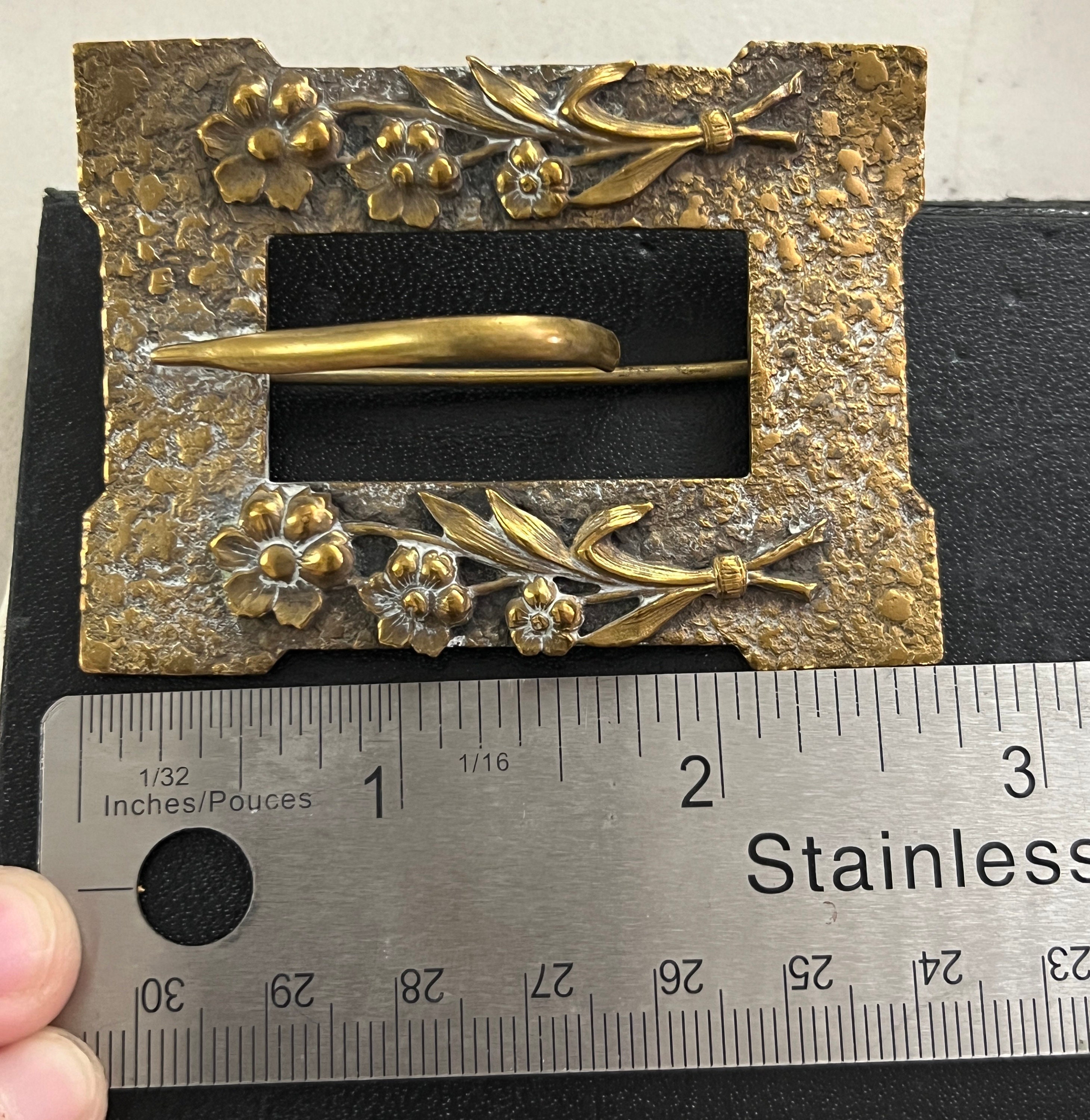 Victorian Brass Buckle Brooch. 1800s Sash Brooch Flowers. Large ...