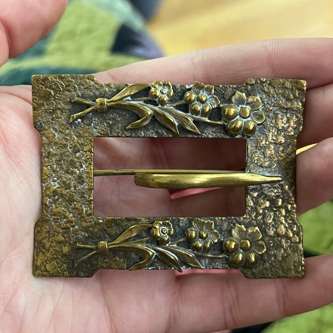 Victorian Brass Buckle Brooch. 1800’s Sash Brooch Flowers. Large ...