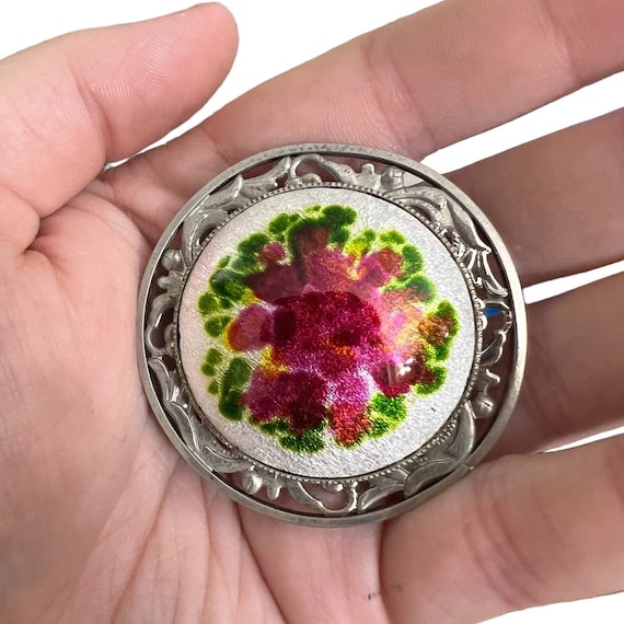 Vintage Pink Enamel Brooch. Large Round Enamel Brooch… - Gem