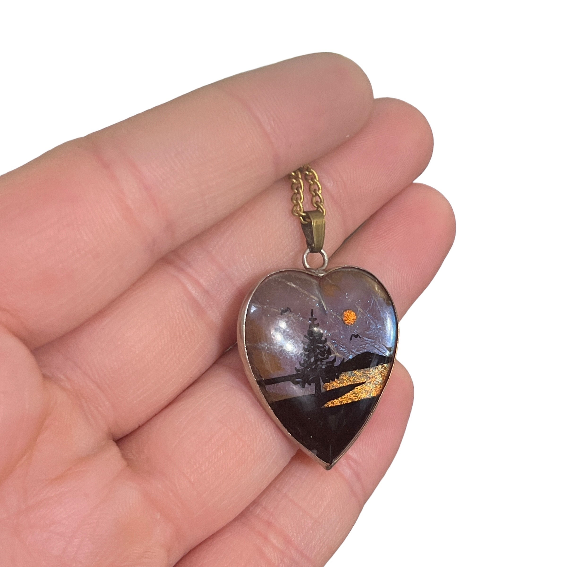 1950s Morpho Butterfly Wing Heart Necklace on Goldtone Chain Painted ...