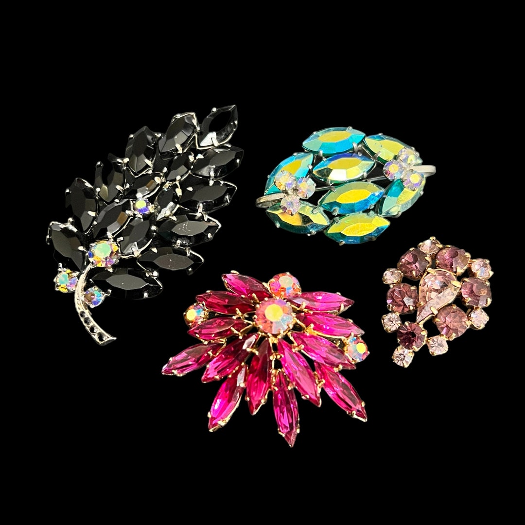 4 Mid-century Rhinestone Brooches /collection of Vintage Rhinestone ...