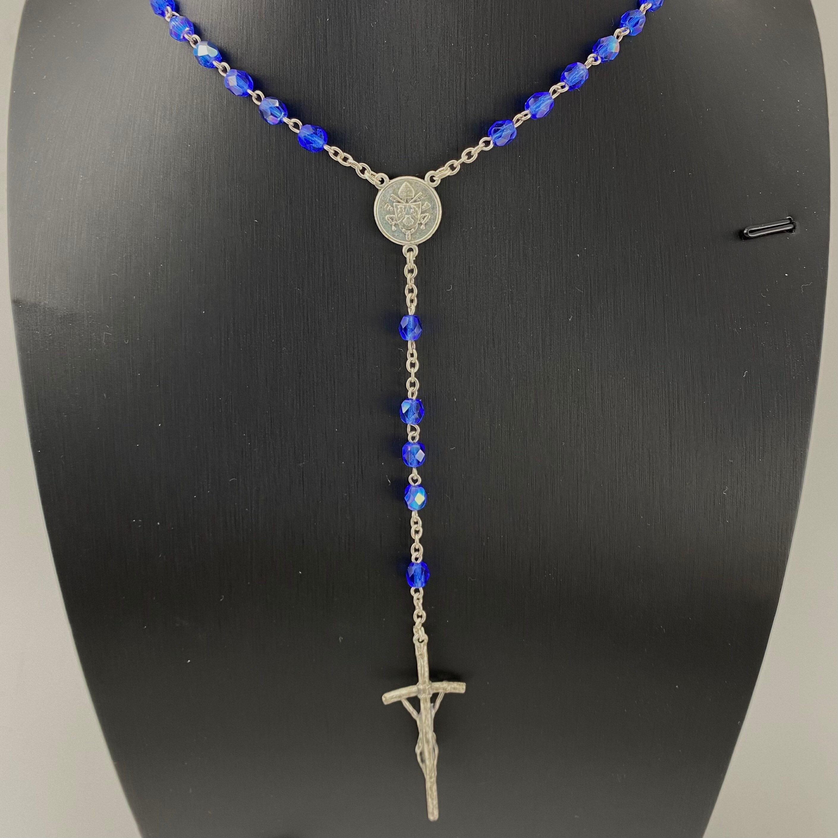 Blue Cut Glass Rosary. Aurora Borealis Blue Glass Beads With Silver ...