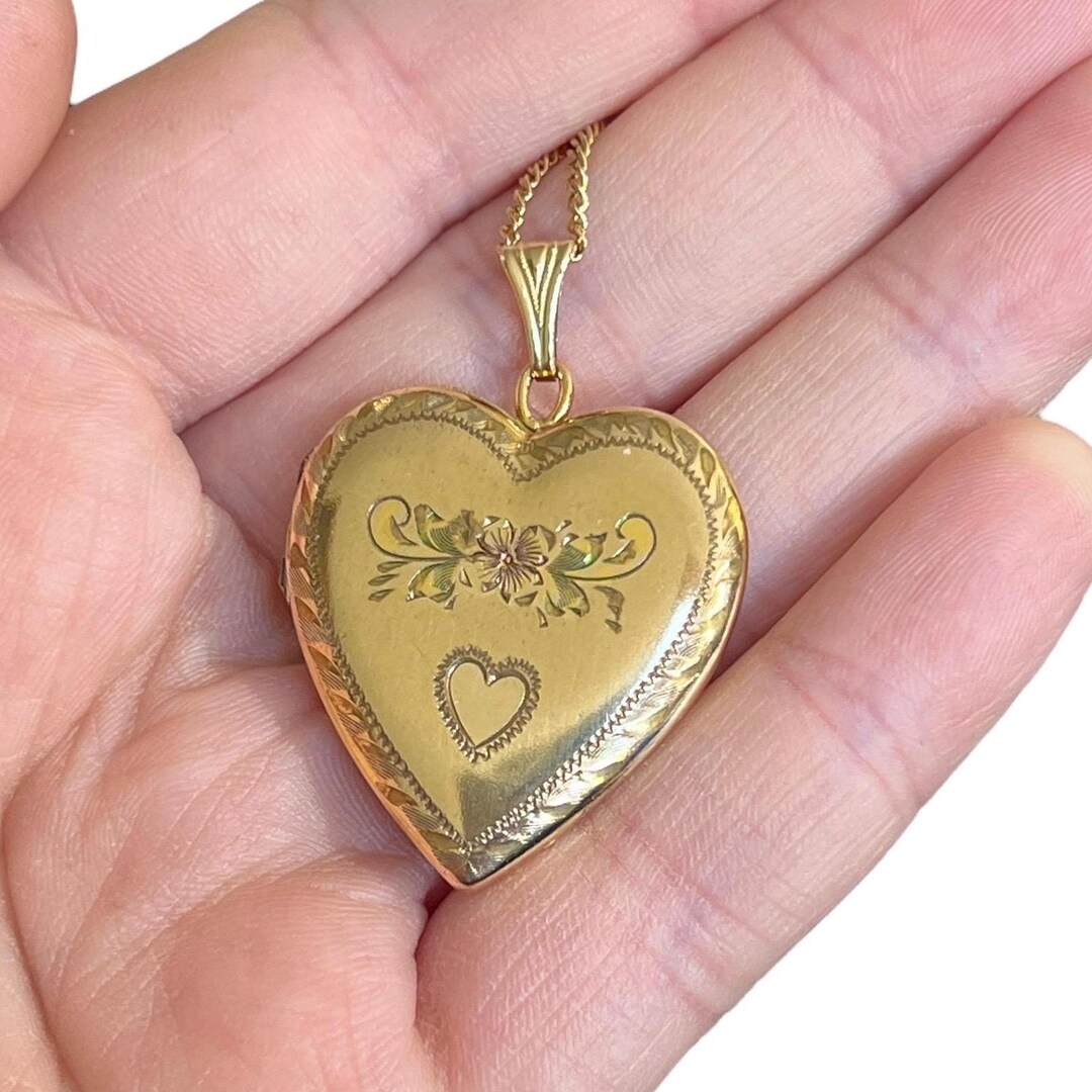1950’s Mid-century Gold Filled Heart Locket on Chain - Gold Heart ...
