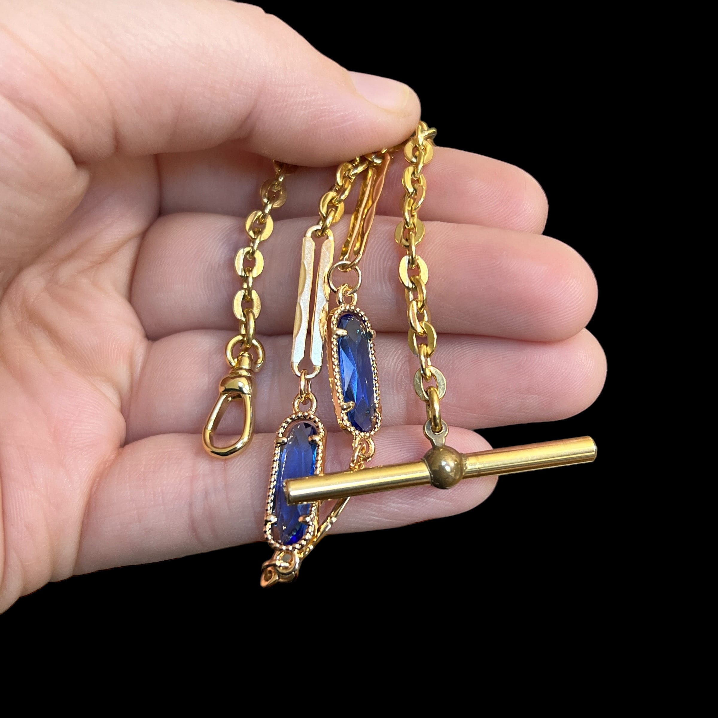 10 Art Deco Sapphire T-bar Pocket Watch Chain. Vintage Gold Watch Chain ...