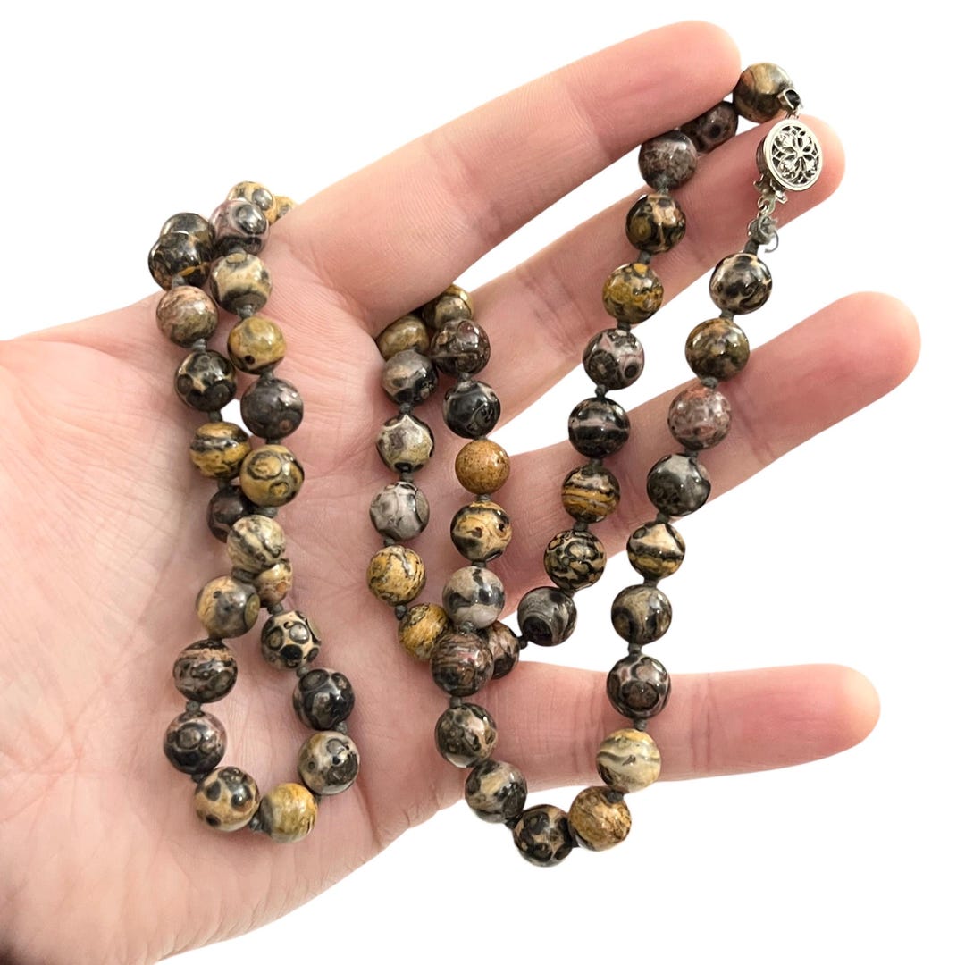 24” Chinese Jasper Beaded Necklace - Vintage Agate Beaded Necklace ...