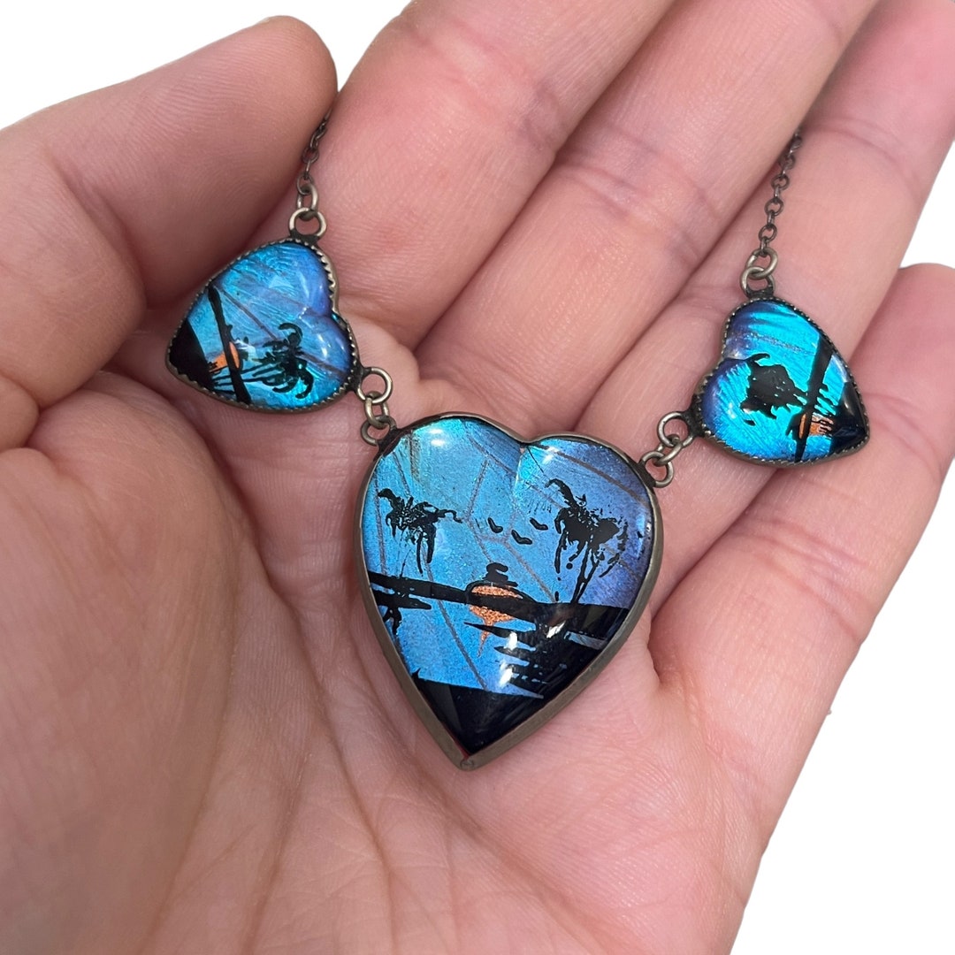 1940s Morpho Butterfly Wing Heart Necklace on Sterling Silver Chain ...