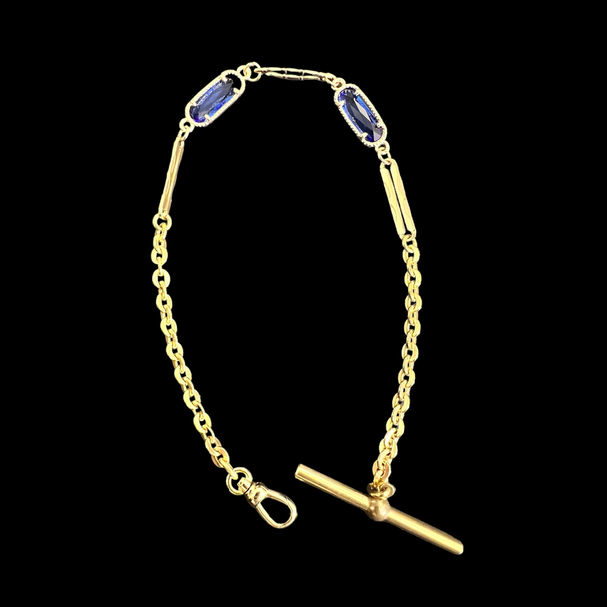 10 Art Deco Sapphire T-bar Pocket Watch Chain. Vintage Gold Watch Chain ...