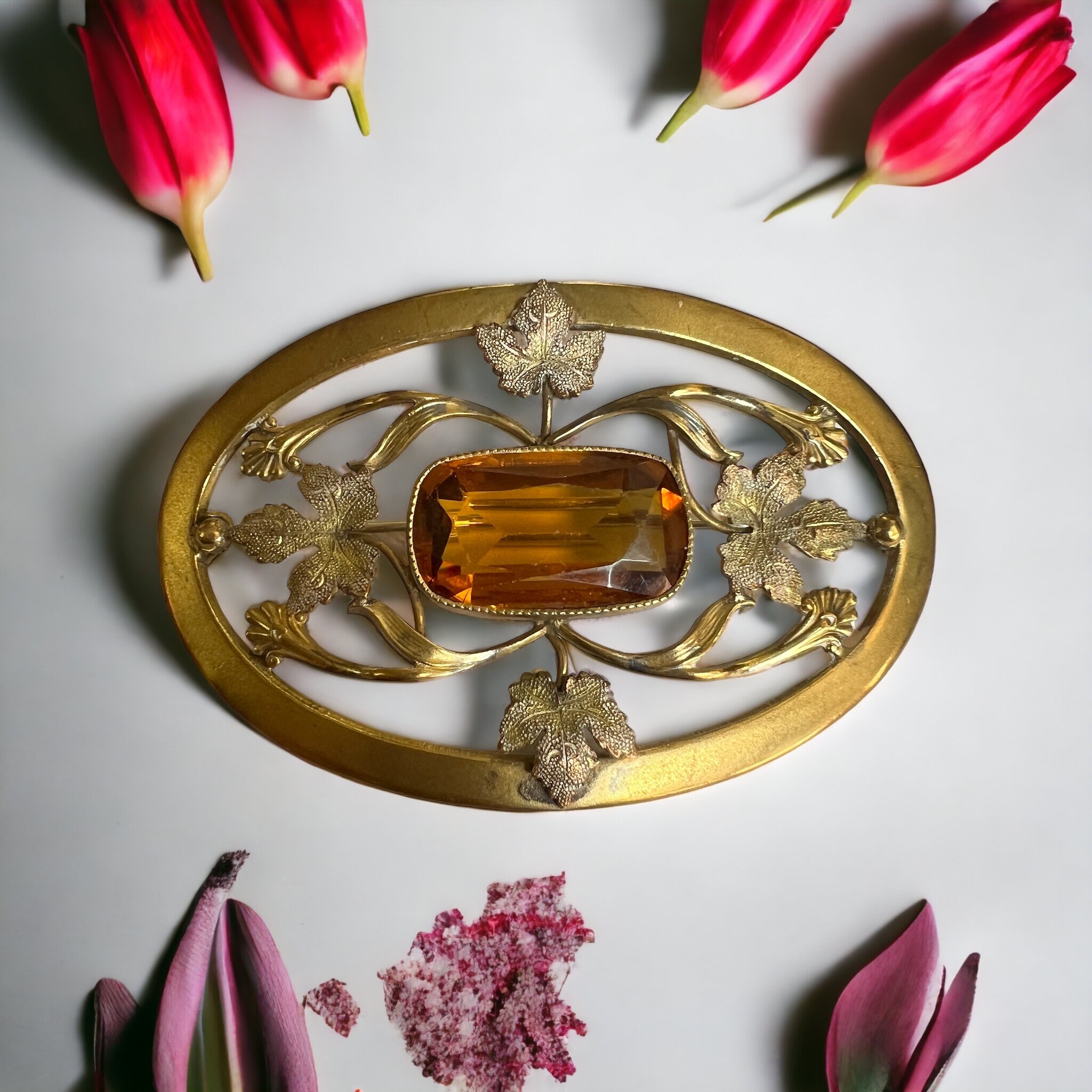 Edwardian Sash Brooch. George L. Paine Art Nouveau Amber Glass Sash Pin ...