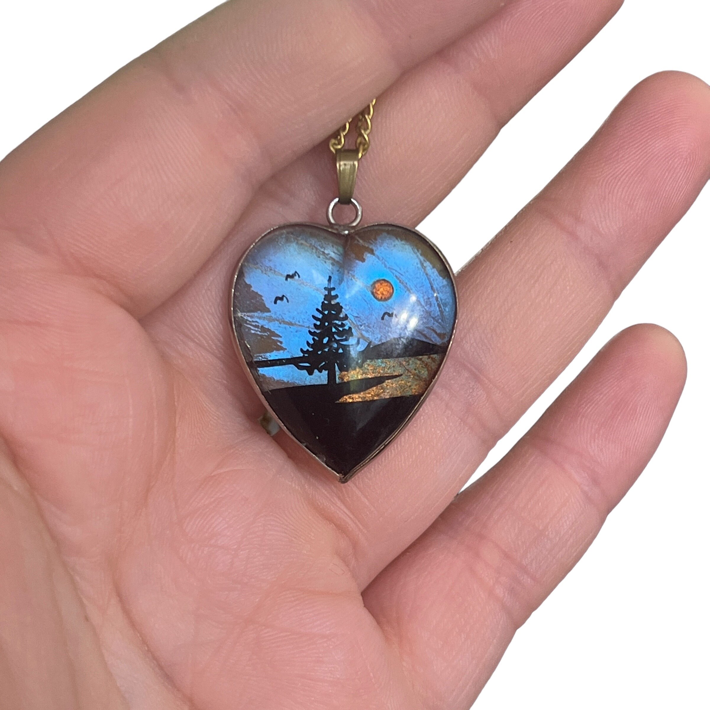 1950s Morpho Butterfly Wing Heart Necklace on Goldtone Chain Painted ...