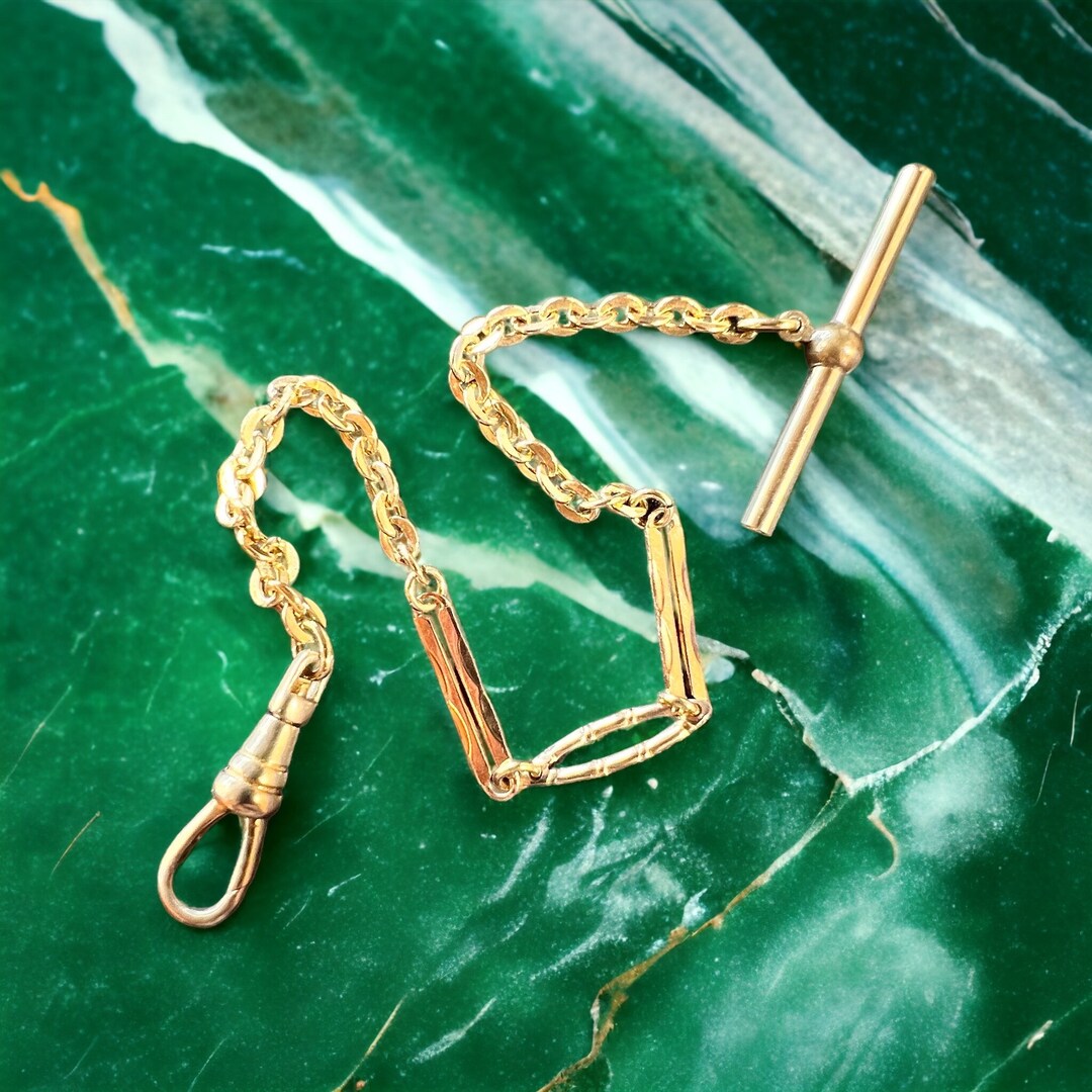 8.7” Art Deco Albert Watch Chain With T-bar. Antique Watch Chain Charm ...