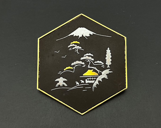 Japanese Damascene Brooch. Silver Gold Black Mountain Scrne With Trees ...