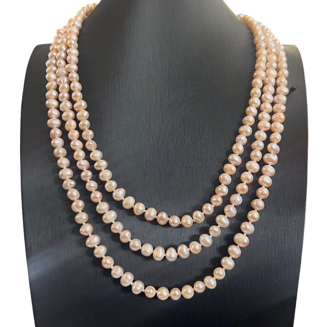 64” Peach Pearl Necklace - Long Freshwater Pearl Necklace - Classic ...