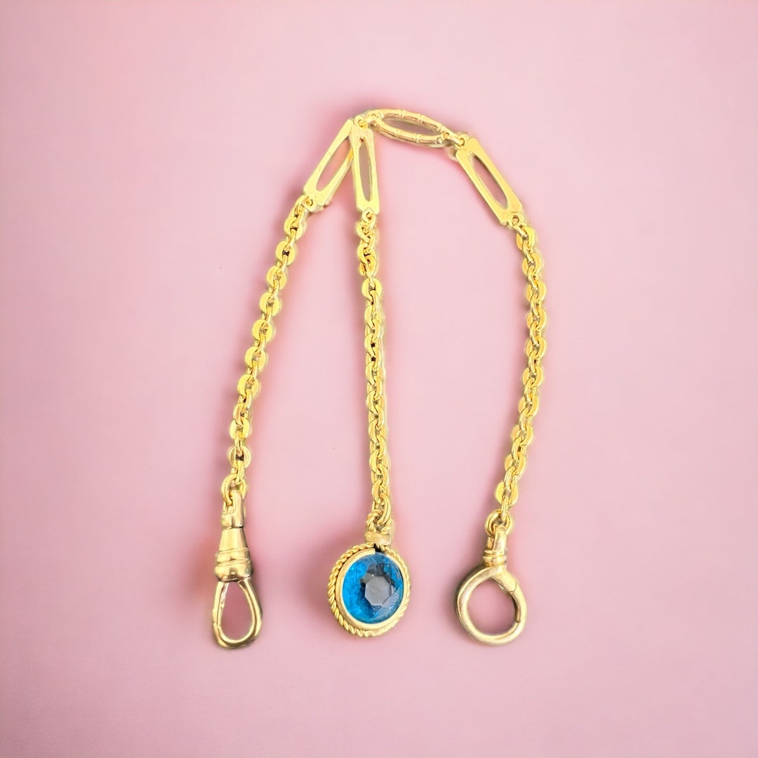 Sapphire Jewel Watch Chain - Gold Watch Chain With Sapphire Glass Fob ...
