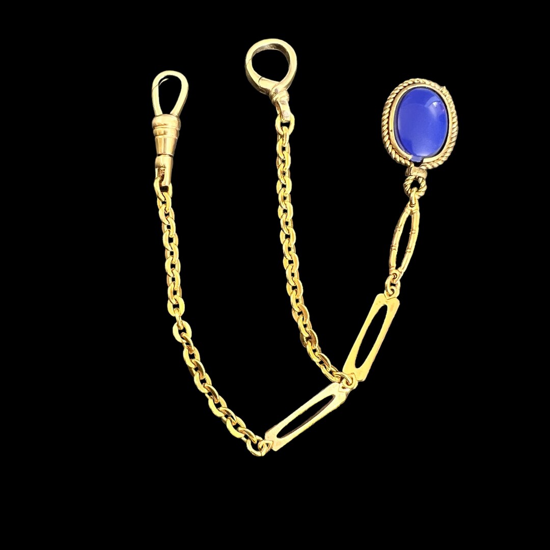 Blue Jewel Watch Chain. Gold Watch Chain Bracelet With Oval Blue Glass ...