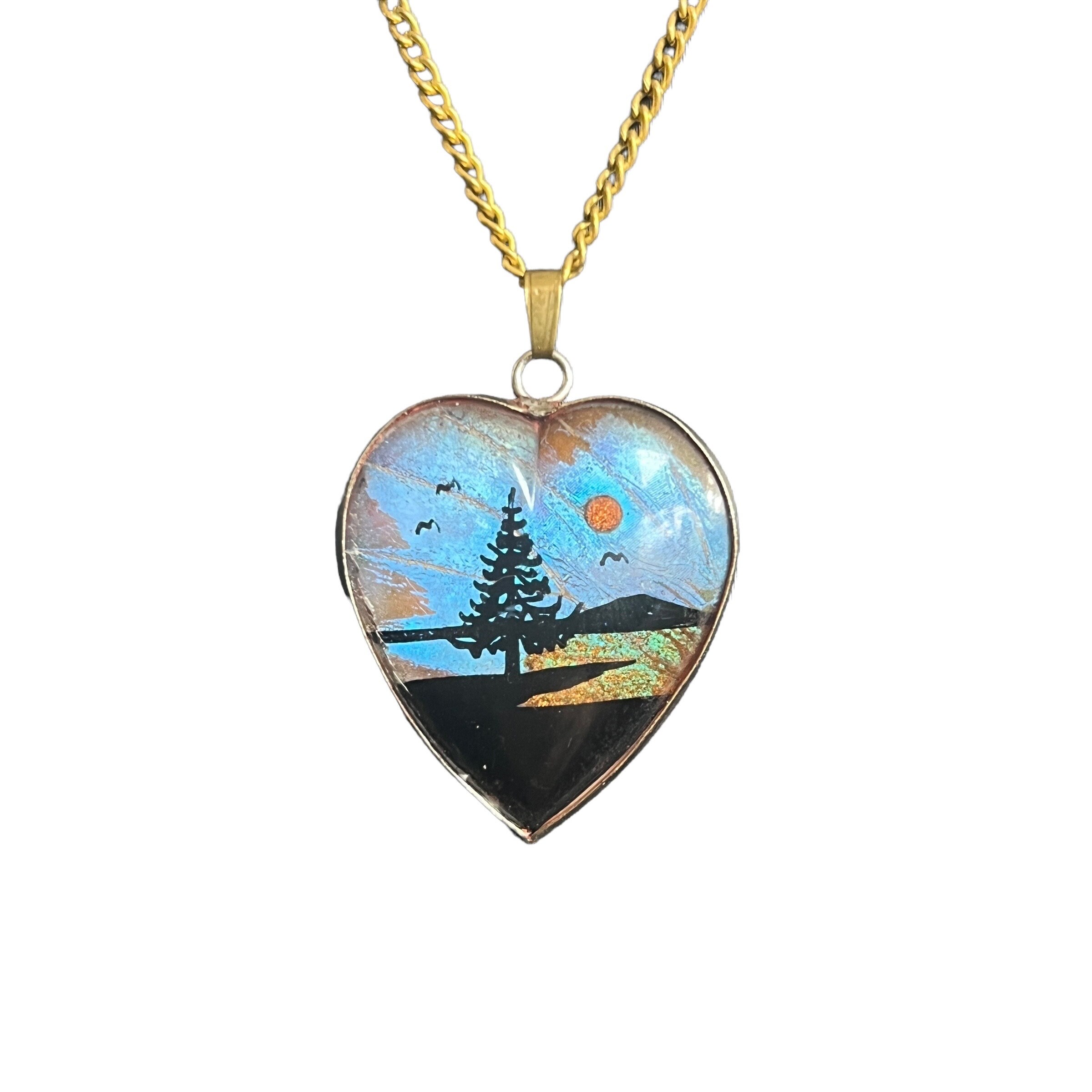 1950s Morpho Butterfly Wing Heart Necklace on Goldtone Chain Painted ...