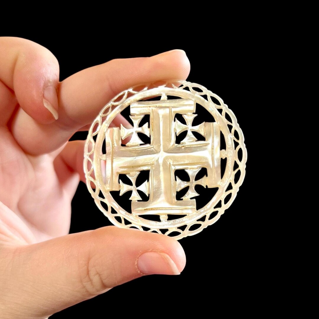 Carved Mother of Pearl Jerusalem Cross Brooch Made in Bethlehem ...