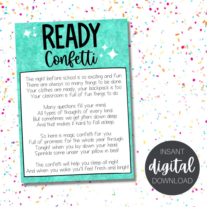 Back to School Ready Confetti Printable, First Day of School Poem ...
