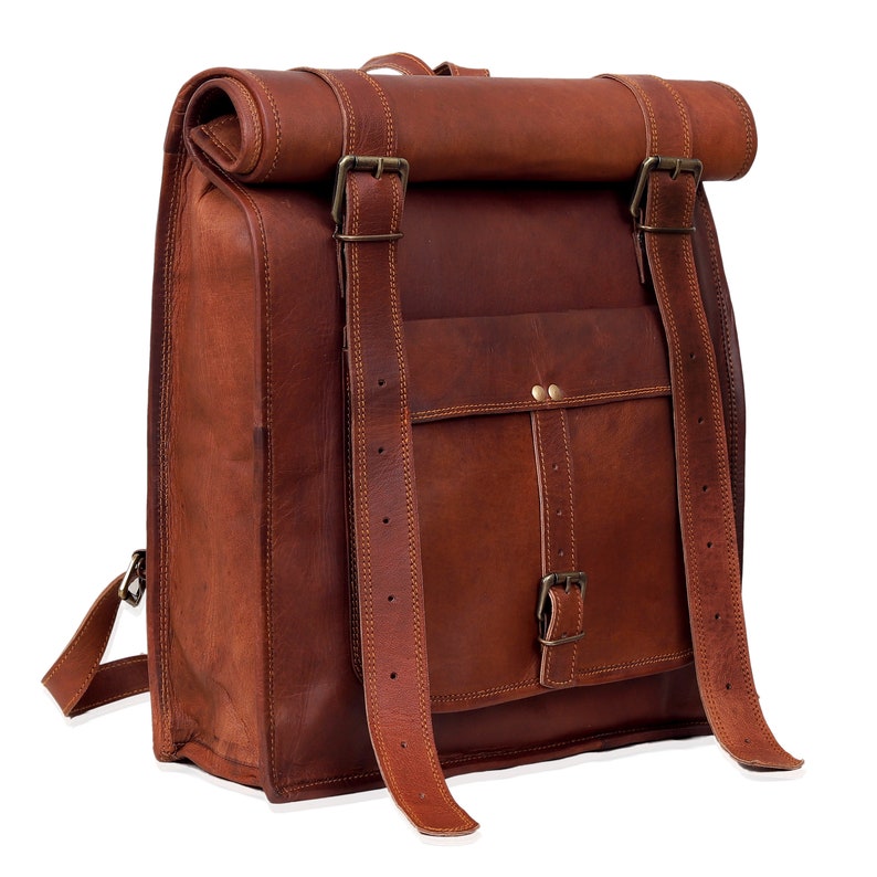 Genuine Leather Roll Top Backpack, Vintage Style Rucksack Laptop Bag ...